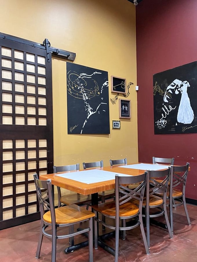 Jazz legends watch over diners from golden walls as the wooden tables await their next delicious burden.