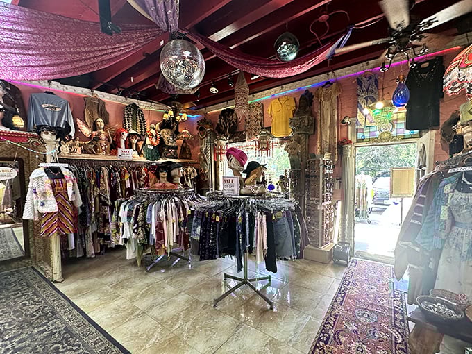 Step inside and time dissolves—racks of vintage treasures await under disco balls and draped fabrics in this fashion fever dream.