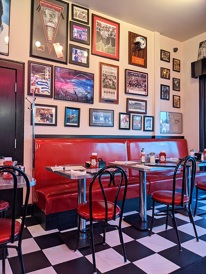 The walls tell stories that menus can't—decades of Ohio sports triumphs and local memories preserved between bites of perfect pancakes.