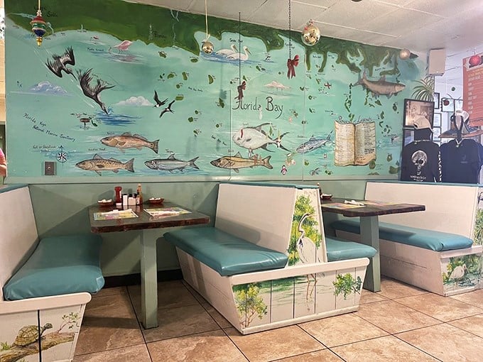 Inside, aquamarine booths nestle against walls where painted fish swim eternally. It's like dining inside a marine biologist's happy place.