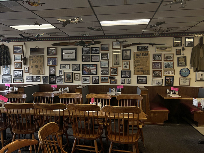 Aviation history covers every inch of wall space, giving you plenty to explore between bites of those legendary pancakes.
