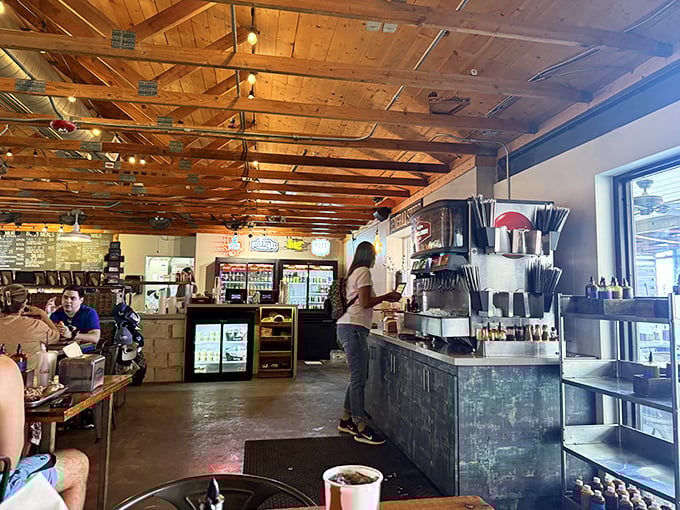 Wooden ceiling beams and rustic charm set the stage for the real star of this show—smoky, delicious barbecue.