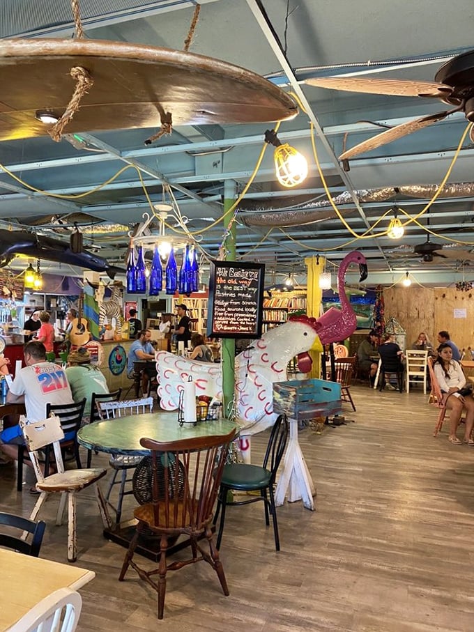 Step into organized chaos where surfboards hang from ceilings and flamingos stand guard. This isn't decoration—it's a lifestyle statement.