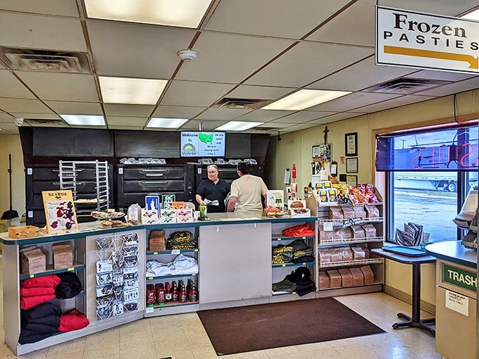The counter at Dobber's is where dreams come true—simple, efficient, and the gateway to some of Michigan's most beloved pasties.