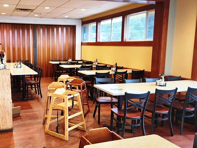 Simple, comfortable seating awaits inside – because when you're planning multiple trips to the buffet line, ergonomics matter.