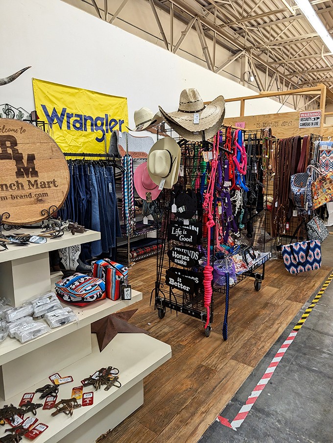 Cowboy couture meets practical ranch wear in this Western wonderland. Those hats aren't just hanging around—they're waiting for adventures.