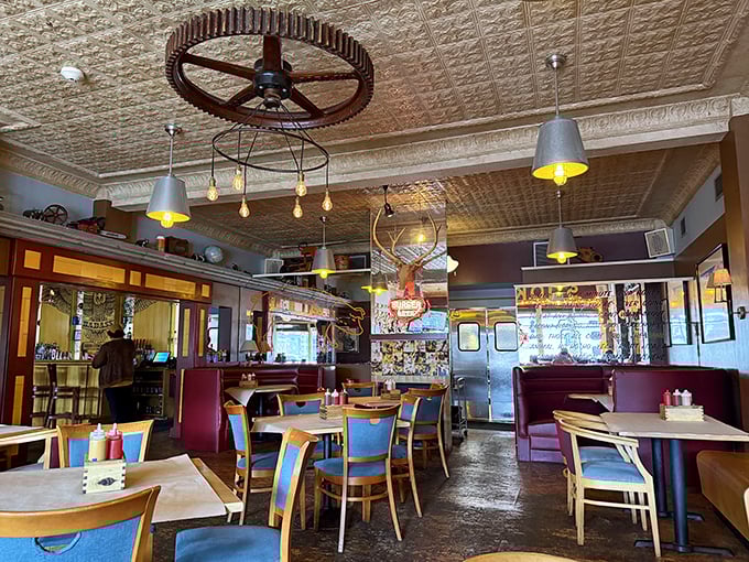 Step inside and the pressed tin ceiling, vintage gear wheel, and warm wood tones transport you to a place where time slows down and appetites ramp up.