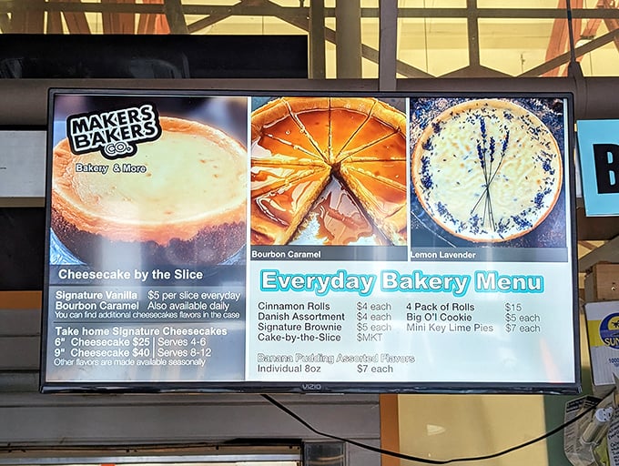 The menu board reveals the holy trinity of MAKERS BAKERS: cheesecake, pudding, and pastries—a roadmap to delicious decisions.