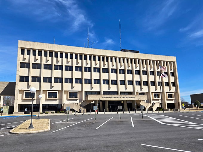 The Morgan County Courthouse stands as a brutalist concrete counterpoint to the town's Victorian charm—architectural diversity at its most unexpected.