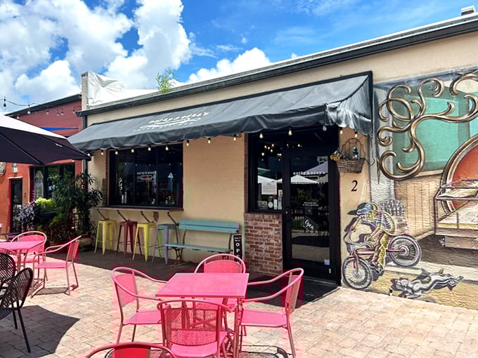 Pink chairs that pop against Florida blue skies – this café's outdoor seating isn't just Instagram-worthy, it's actual-life worthy.