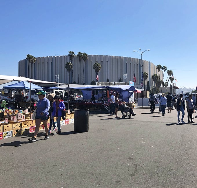 The iconic Sports Arena provides a distinctive backdrop to this bustling marketplace, where San Diego's bargain hunters gather under perfect blue skies.
