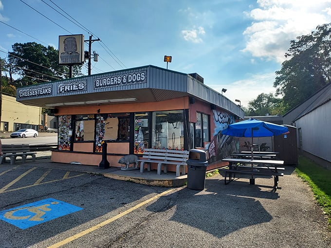 Blue skies and BBQ dreams – the simple outdoor setup at Rowdy BBQ proves great food doesn't need fancy surroundings, just picnic tables and patience.