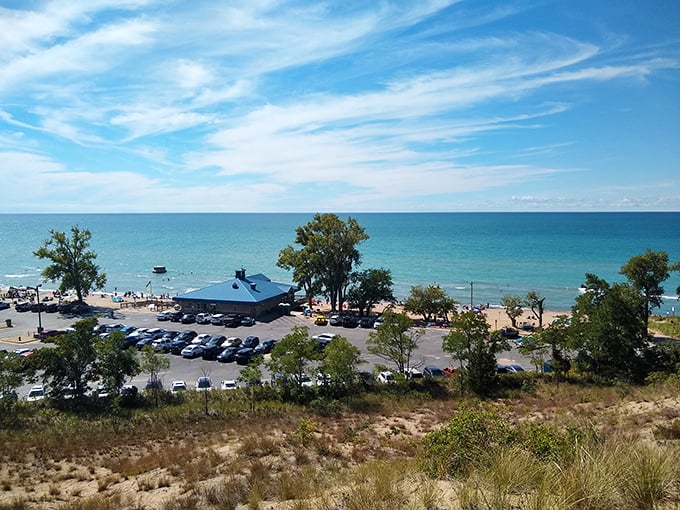The beach from above reveals nature's perfect design – turquoise waters meeting golden sands under Michigan's impossibly blue summer skies.