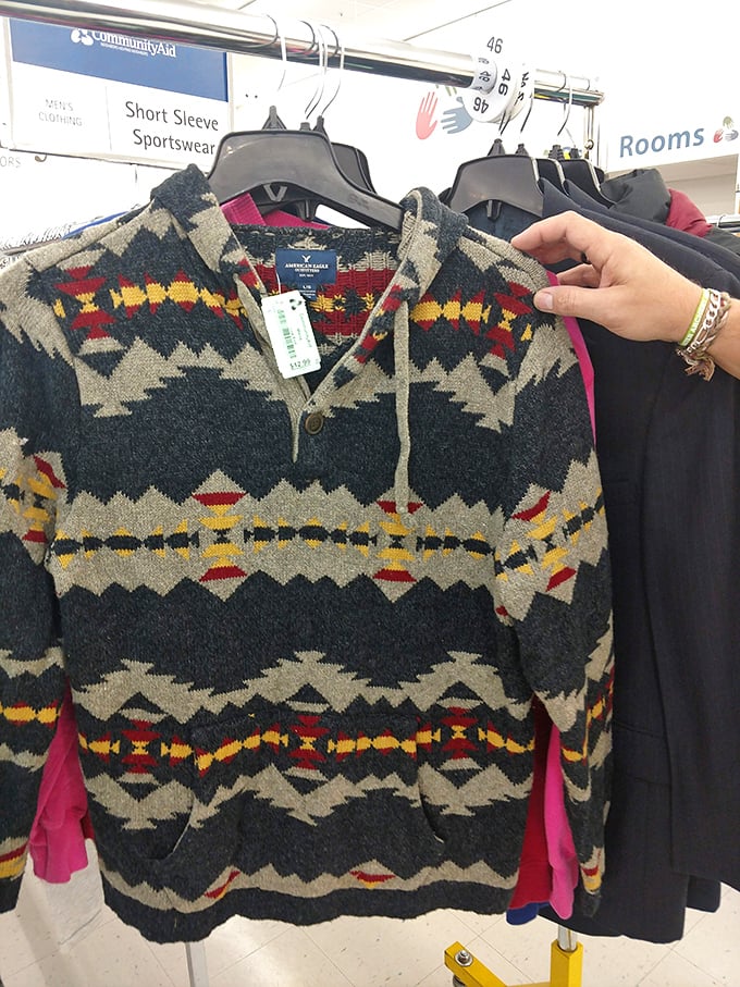 This isn't your grandfather's sweater—unless your grandfather was the coolest guy in the Andes. Vintage patterns like this are why thrift enthusiasts keep coming back.