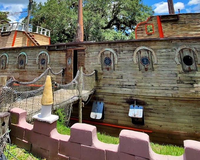 All aboard the "Boat in the Moat"! This landlocked Spanish galleon serves up meals with a side of nautical whimsy.