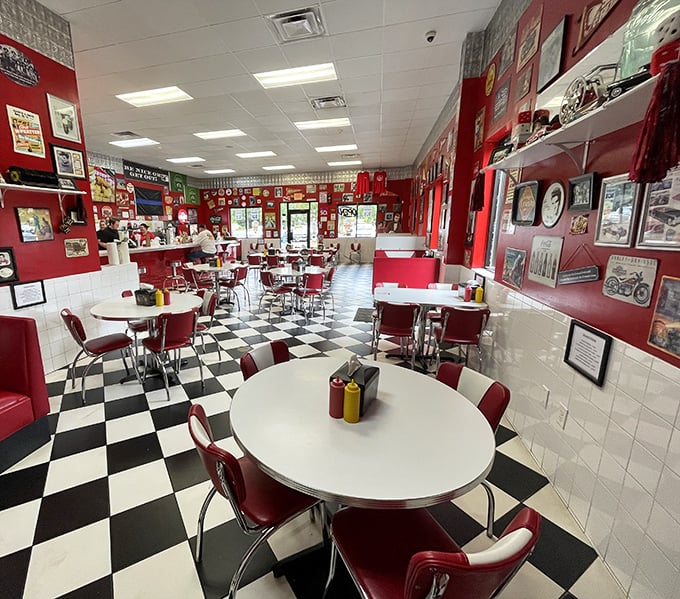 Step inside and the 1950s called—they want to thank you for keeping their aesthetic alive in this red-and-chrome wonderland of nostalgia.