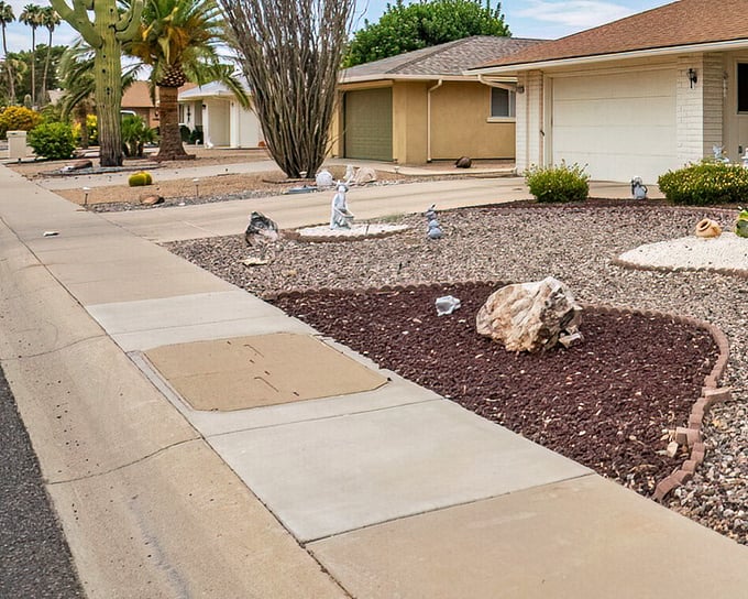 Desert landscaping at its finest. These homes showcase Arizona's water-wise approach to beauty, where even garden statues seem to thrive in the sunshine.