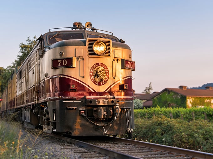 All aboard the nostalgia express! This vintage locomotive looks like it rolled straight out of a Hitchcock film—minus the suspense, plus the Cabernet.