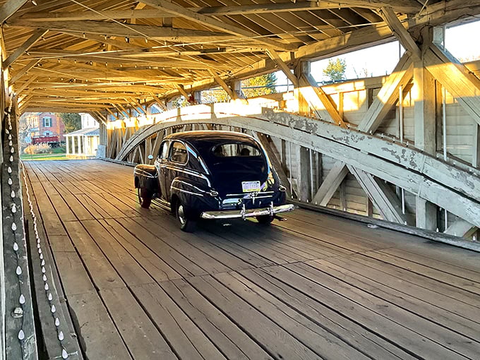 Time travel isn't theoretical at Wehr Bridge—this vintage beauty cruising through wooden portals offers living proof that some journeys are about the experience, not the destination.