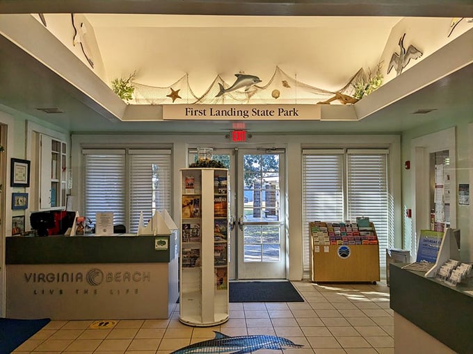 The visitor center welcomes explorers with nautical charm—those ceiling decorations aren't just for show, they're setting the coastal mood before your adventure begins.