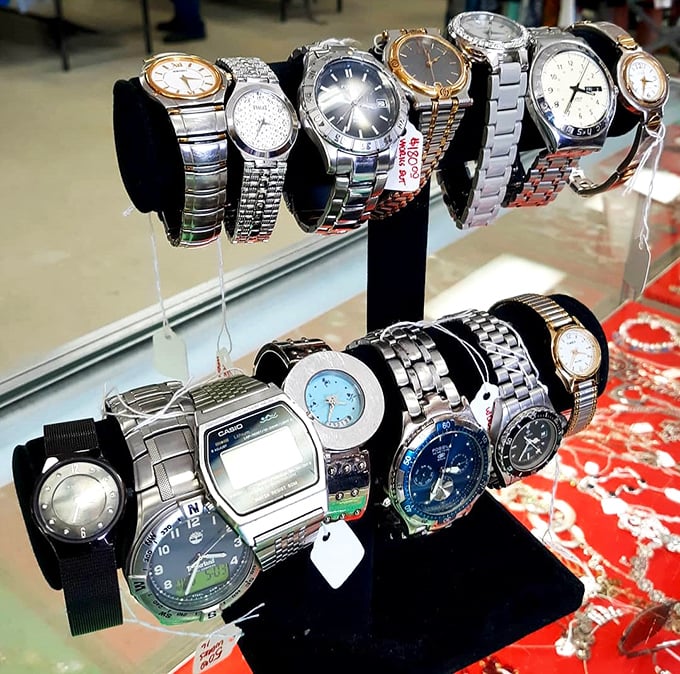 A timekeeper's dream display – vintage watches waiting to adorn new wrists and tell stories of minutes past.