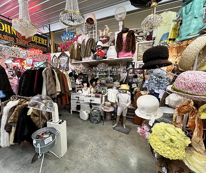 Vintage fur coats, sparkling chandeliers, and elegant hats create a fashion time capsule—where your grandmother's closet meets Hollywood glamour in the most delightful way.