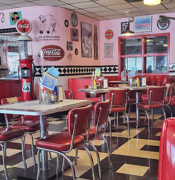 Step inside and suddenly calories don't count. The checkerboard floor, cherry-red booths, and Route 66 memorabilia create the perfect backdrop for comfort food indulgence.