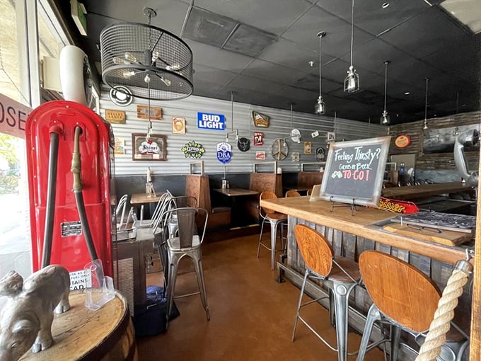 Inside, the rustic decor and vintage gas pump create that perfect "I've discovered something special" atmosphere every BBQ pilgrim seeks.