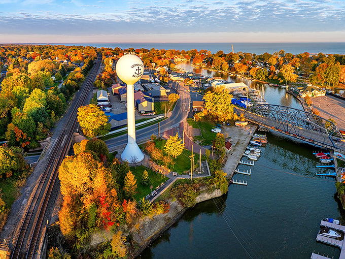 Fall paints Vermilion in golden hues, with the distinctive water tower standing sentinel over a town that knows how to dress for autumn.