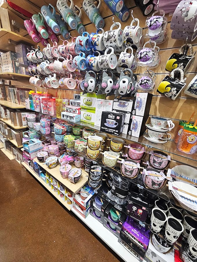A colorful array of novelty mugs stands ready to caffeinate your morning routine with a splash of whimsy and character.