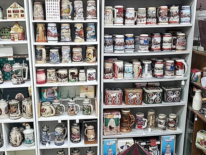 Beer stein heaven! This collection would make any Oktoberfest enthusiast weep with joy—each mug telling its own frothy tale of celebration.