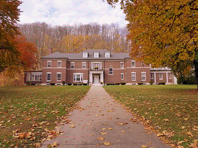 This stately building whispers stories of civic pride, where autumn leaves carpet the path like nature's welcome mat. 