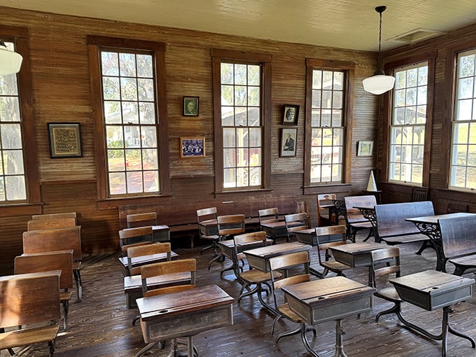 No smartphones disrupting this classroom! These antique desks have witnessed generations of learning before calculators, let alone TikTok tutorials.