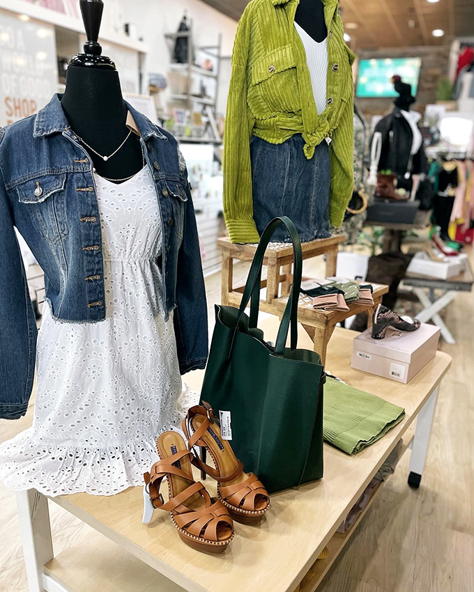Fashion alchemy at its finest—a summery white dress paired with denim jacket and leather sandals creates the perfect Virginia weekend outfit for under $30.