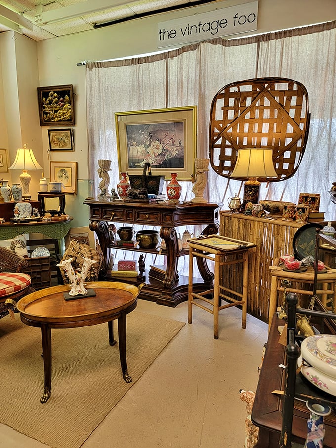 Step into "The Vintage Fox" booth where carefully curated vignettes transport you to grandmother's living room—only everything's for sale!