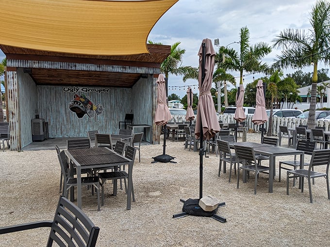 Island dining perfected: crushed shells underfoot, palm trees overhead, and the promise of seafood that didn't travel far to reach your plate.