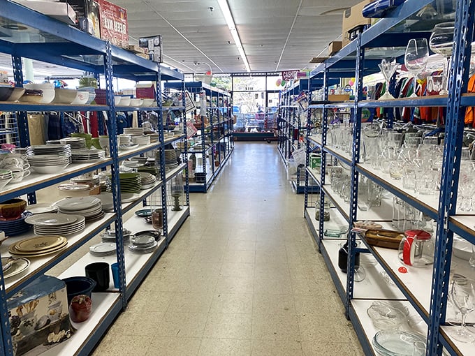 Aisle after gleaming aisle of dishware and glassware—where your grandmother's missing teacup and that perfect martini glass have been hiding all along.