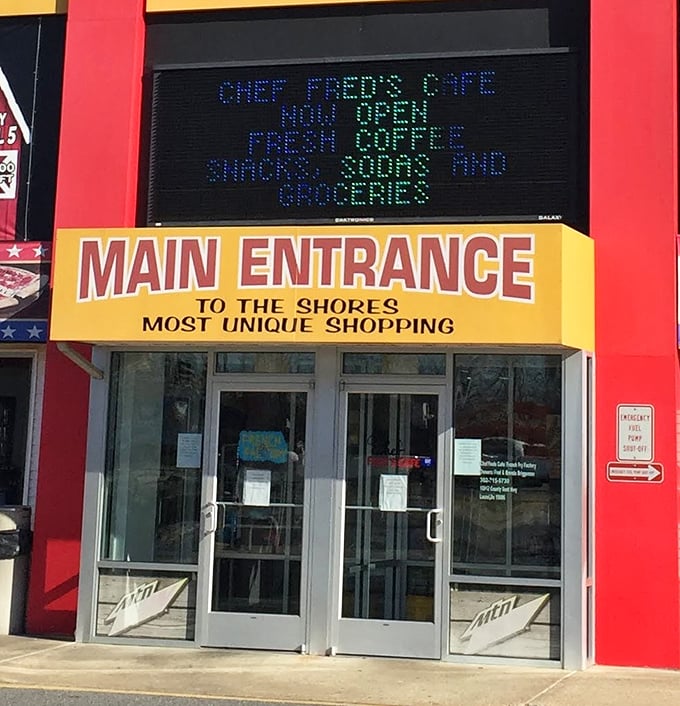 The digital marquee announces Chef Fred's Cafe is open, which in flea market language translates to: "Yes, you can shop for eight hours straight without passing out from hunger."
