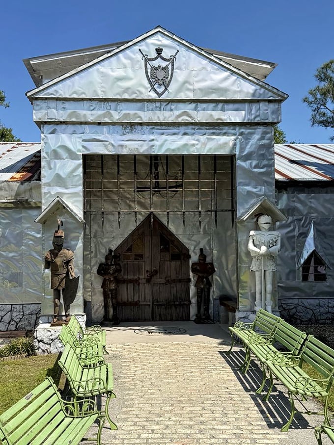 Knights guard the entrance to this whimsical kingdom, where even the lime-green chairs seem to be waiting for visitors to share their tales of discovery.