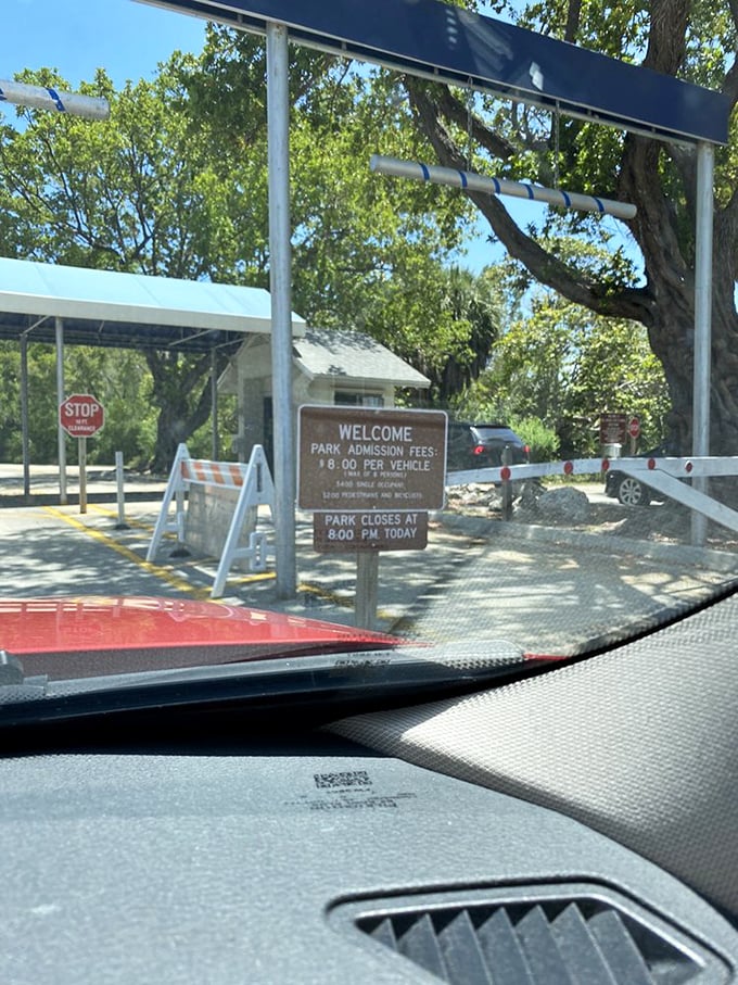 The entrance sign welcomes visitors with a modest $8 fee—possibly the best value in South Florida since the invention of air conditioning.
