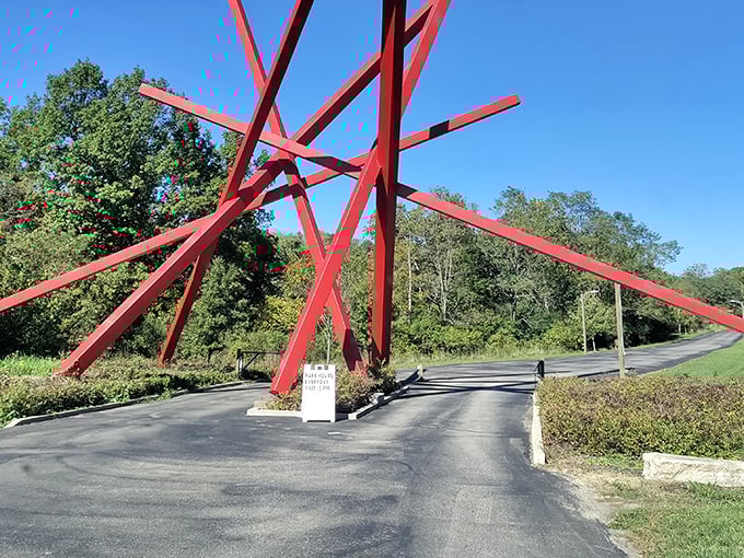 The park's dramatic entrance feels like walking through a geometric red carpet event—minus the paparazzi and uncomfortable shoes.