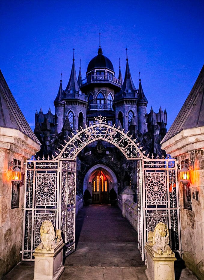 Twilight transforms this entrance into pure enchantment. Stone lions stand guard as intricate ironwork gates invite you into a world where fairy tales come alive.