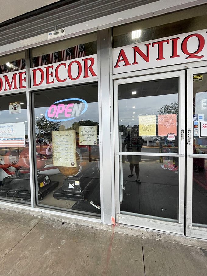 The gateway to treasure hunting beckons with its no-frills charm. That neon "OPEN" sign might as well say "ADVENTURE STARTS HERE."