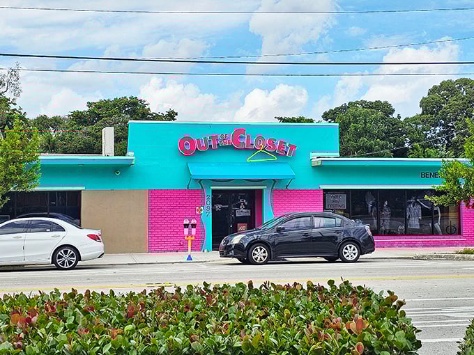 With its vibrant Miami-inspired color scheme, this thrift store stands out on the street like a cheerful invitation to treasure hunters. 