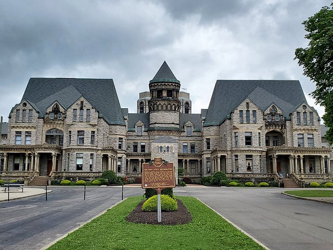 Even under cloudy skies, the reformatory's architectural magnificence is undeniable. Like a medieval castle with a dark purpose, it dominates the Mansfield landscape.