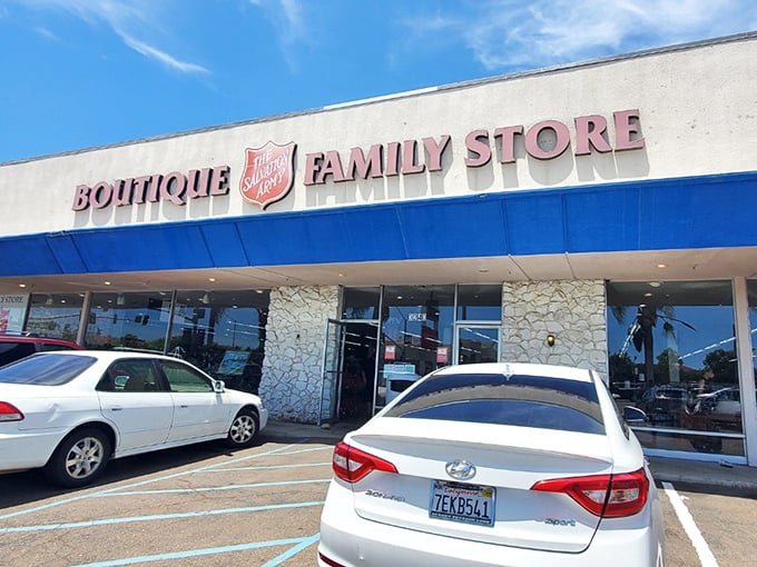 A pristine storefront with stone accents and ample parking—the gateway to secondhand paradise where one person's castoffs become another's discoveries.
