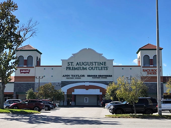 The grand entrance to St. Augustine Premium Outlets stands like a retail Taj Mahal, minus the centuries of history but with plenty of bargains.