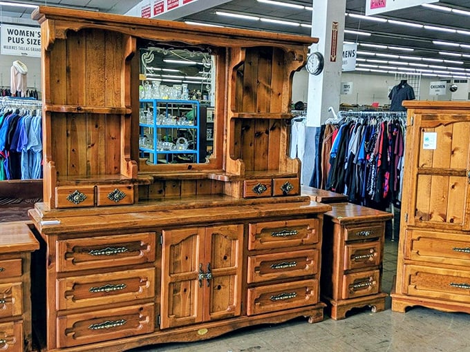 This isn't just furniture—it's solid wood craftsmanship that would make Ron Swanson nod in approval. Bedroom sets like this are thrift store holy grails.