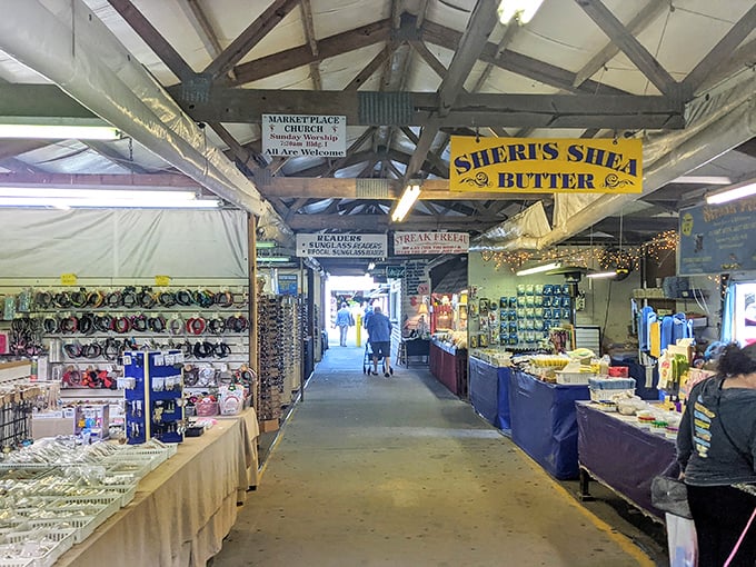 Step inside and the real magic begins! Colorful vendor stalls line the walkways, each one a miniature kingdom of collectibles and curiosities.
