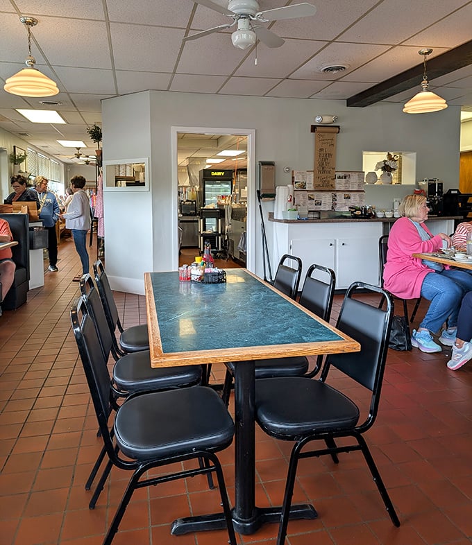 Simple formica tables and no-nonsense chairs tell you everything you need to know – this place puts its energy into what's on the plate, not what you're sitting at.